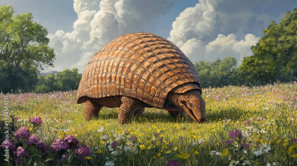 An illustration of the extinct Glyptodon (giant armadillo) grazing in a ...