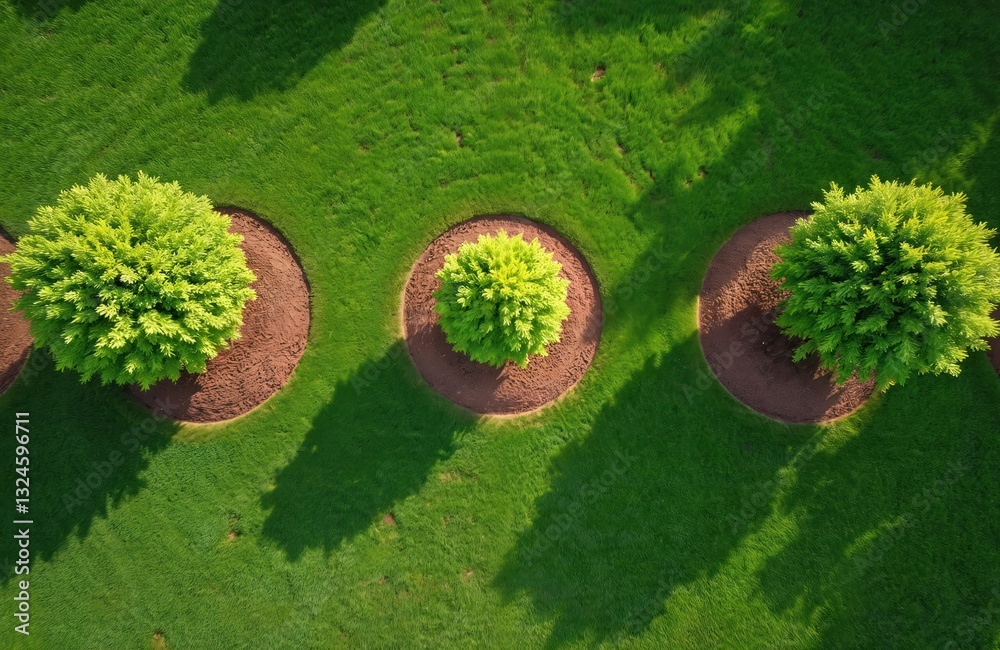Aerial top view of trees planted in circles on green lawn. Garden ...