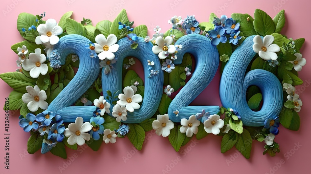 Floral 2026 design with blue and white flowers on pink background. 2026 ...