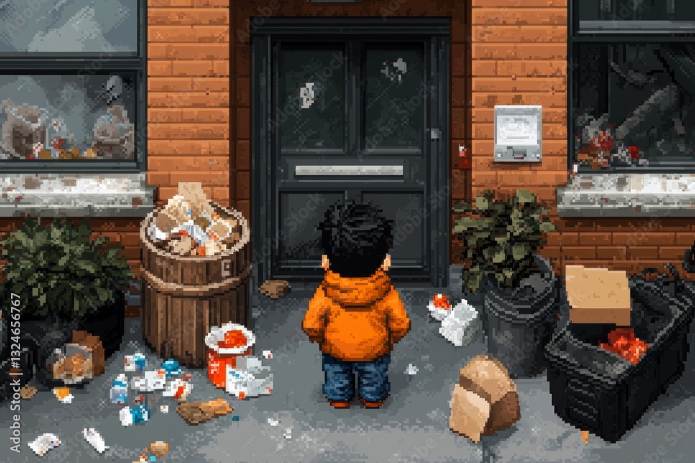 A pixel art depiction of a garbage bin surrounded by litter, with ...