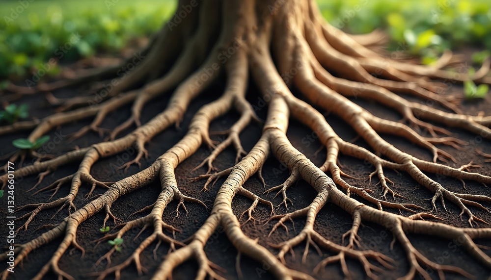 Tree roots symbolize family heritage connections. Roots grow from trunk ...