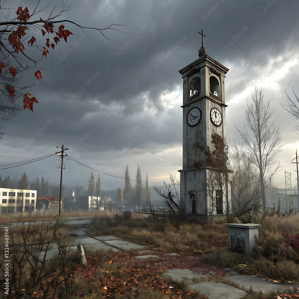 Chernobyl Disaster Remembrance Day, Abandoned Clock Tower and Memorial Wreath Stock Illustration ...