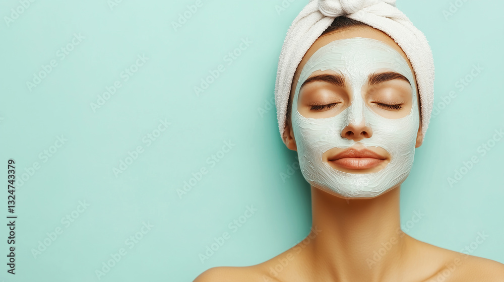 Relaxed woman with facial mask and towel wrap against mint green ...