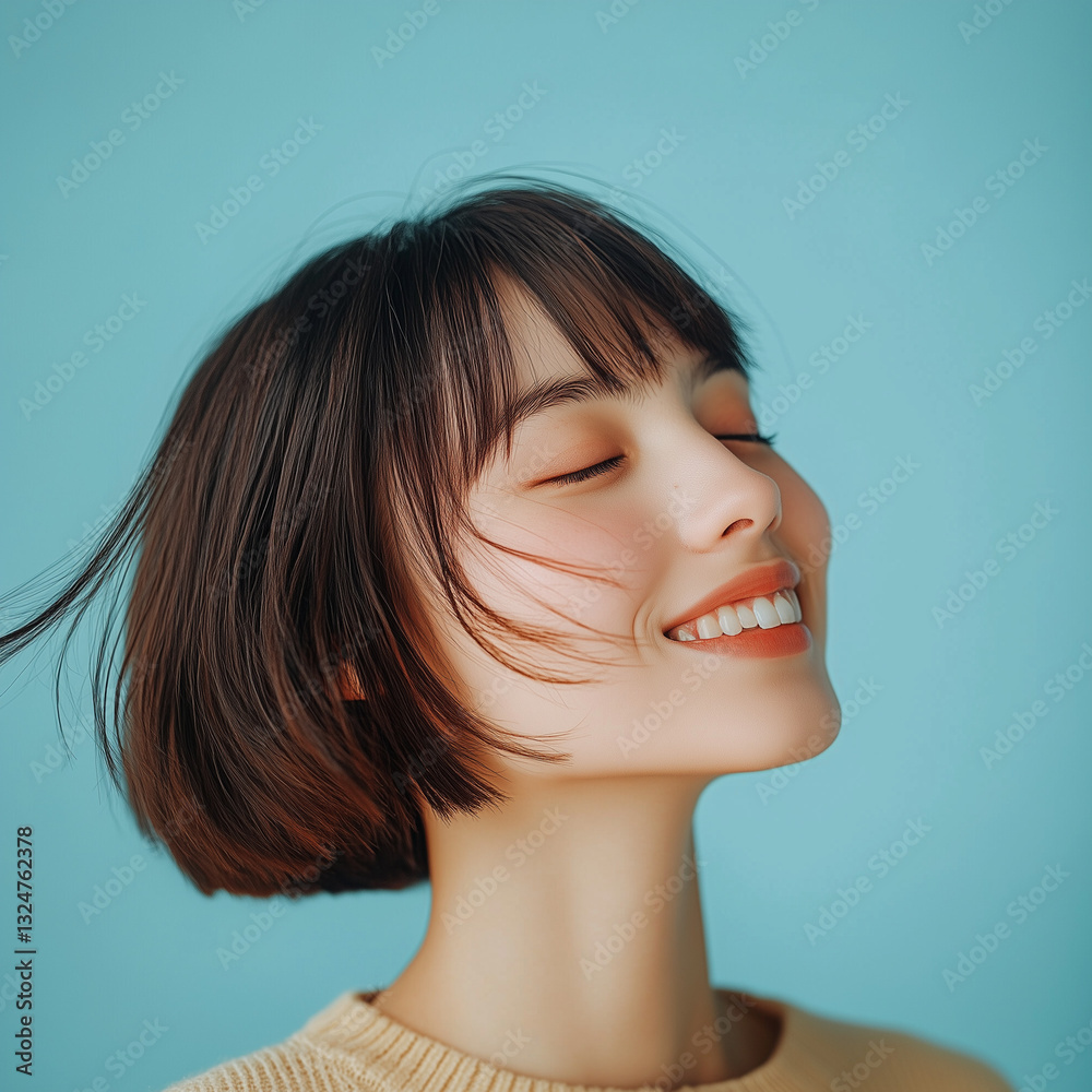 harin_ joyful asian woman with short bob hair in motion – happy ...