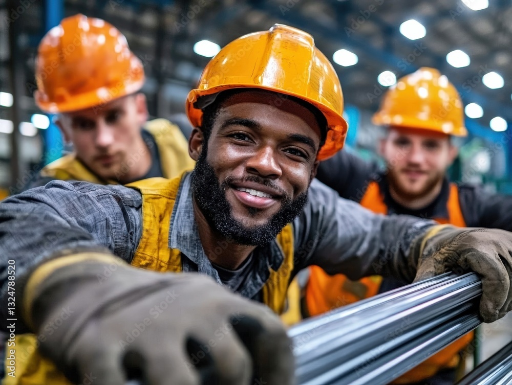Factory employees lifting a heavy metal sheet together, demonstrating ...