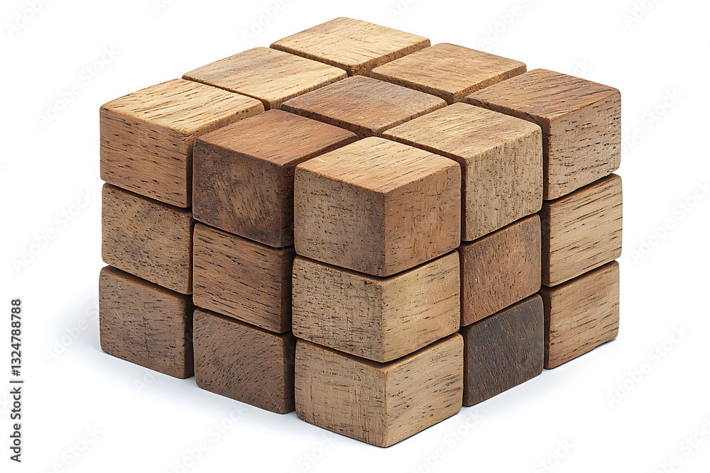 Wooden cube puzzle made of smaller interlocking wooden blocks creating ...