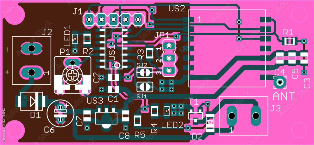 Vector printed circuit board of electronic device with components of ...