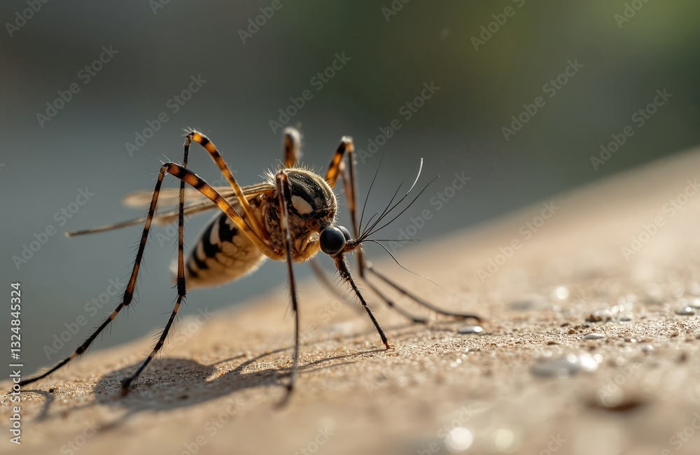 Extreme close-up of Aedes mosquito resting on surface in natural light ...