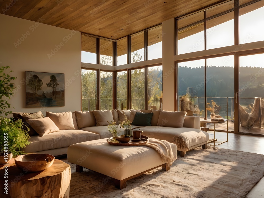 Nature-inspired living room with linen couch, live-edge table, sunset ...
