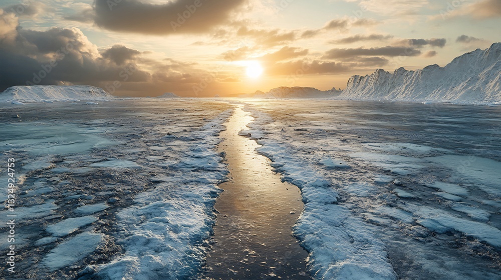 Climate change Arctic impact displayed melting permafrost on one side ...