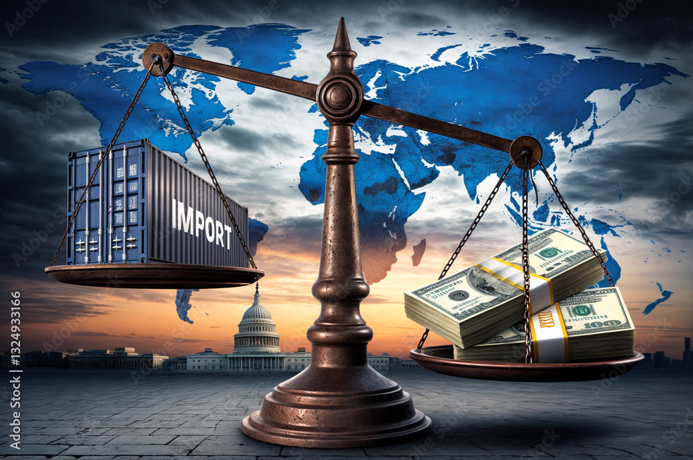 Balance scale with import shipping container and stack of money ...