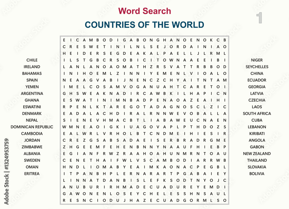 Word search puzzle game (Word find game) Countries of the World series ...