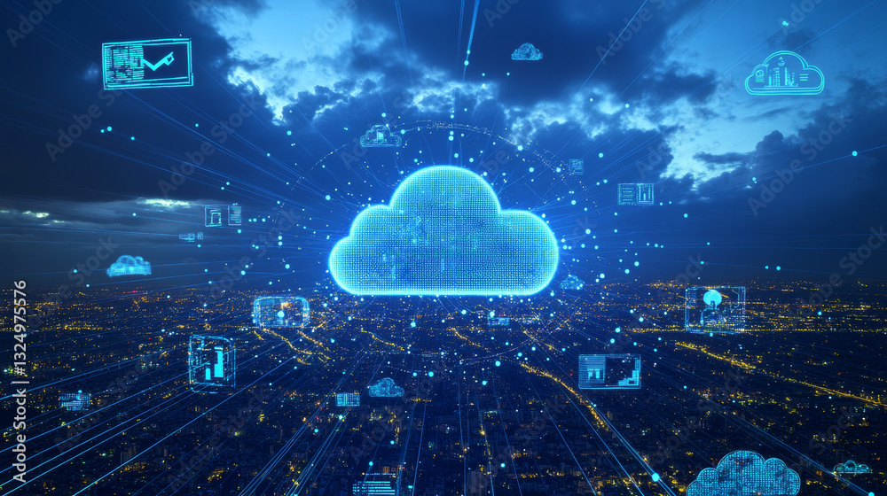 Cloud technology. Cloud computing. Devices connected to digital storage in data center via ...