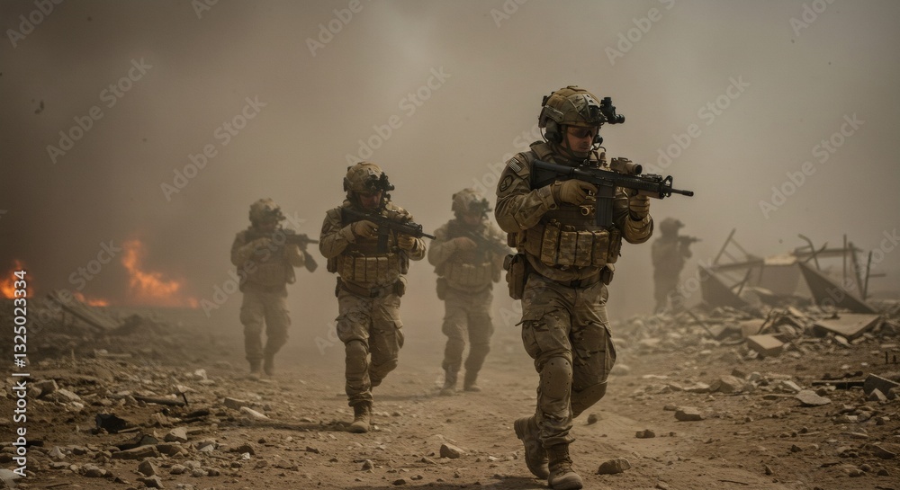 Military squad advancing through dusty battlefield with tactical gear ...