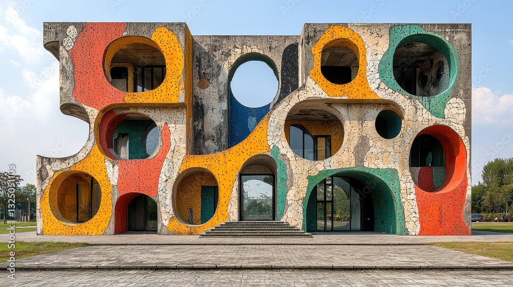 Whimsical architectural marvel with vibrant circular openings and ...