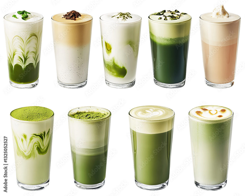 Ten glasses of matcha drinks on a transparent background featuring ...