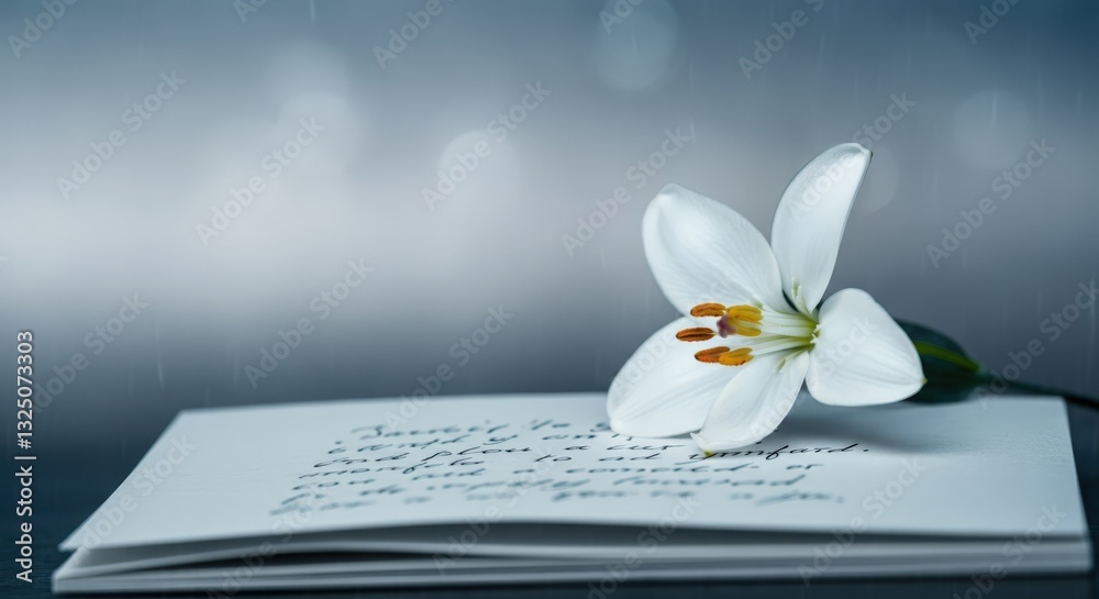 White lily flower resting on handwritten letter with blurred bokeh ...