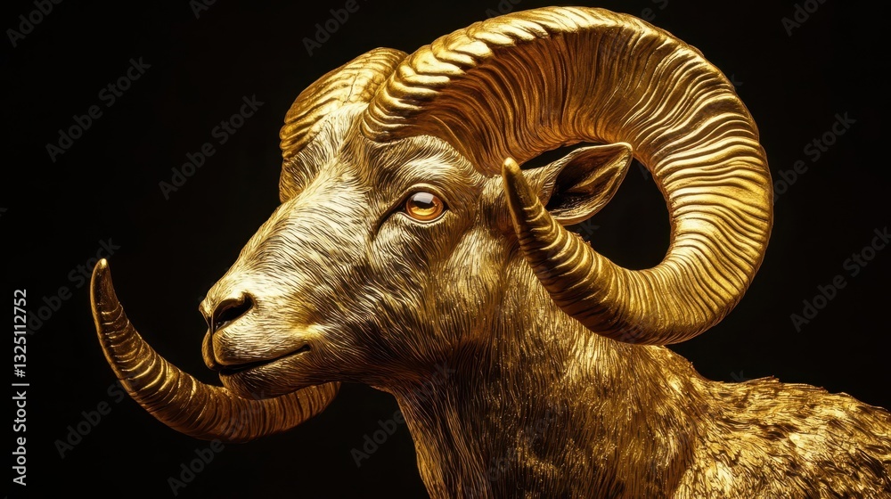A detailed view of a golden ram statue against black background Stock ...