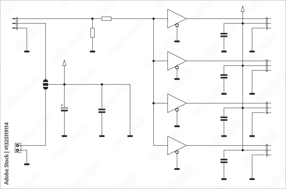 Schematic diagram of electronic device on white sheet of paper. Vector drawing electrical ...