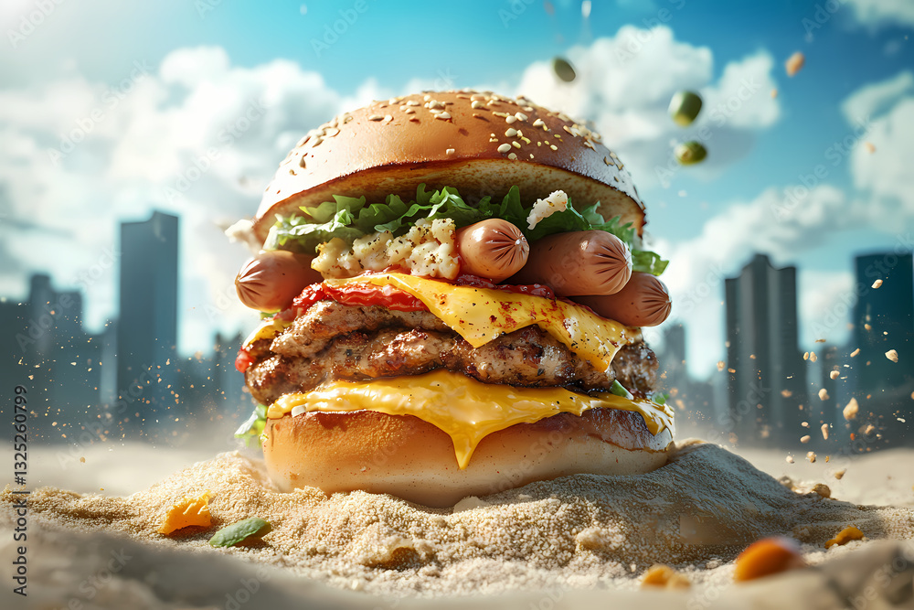 Super Burger: A colossal burger towers against an urban skyline ...