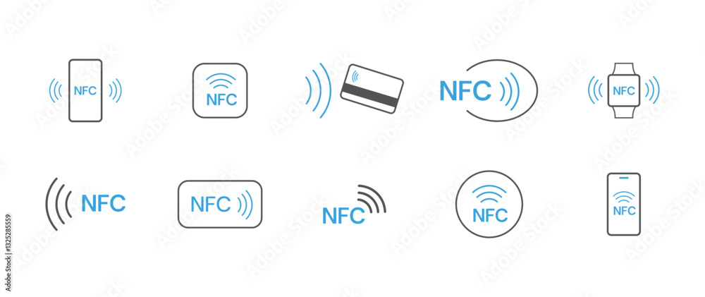 Set NFC wireless payment technology icon, contactless payment, credit card tap pay wave logo ...