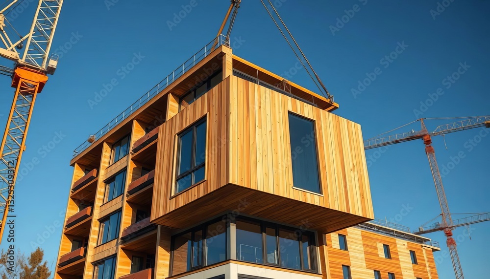 Crane lifts prefabricated wooden module onto office building under ...