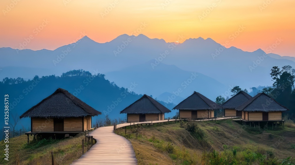 Scenic wooden walkway leading to traditional huts in an indigenous ...