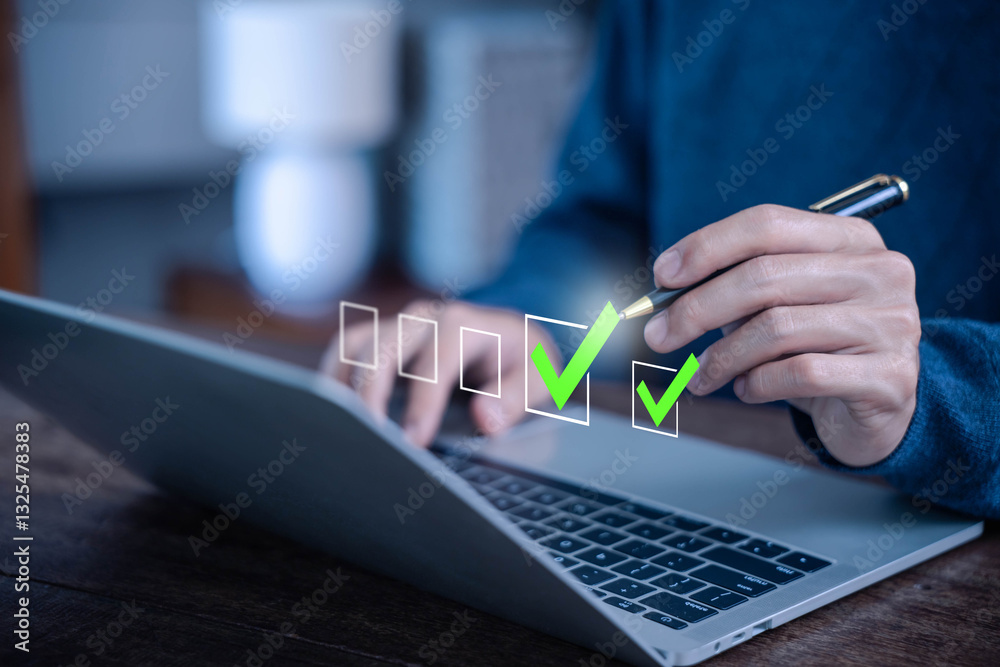 Foto de Stock tick check mark in a checklist. concept of online list ...