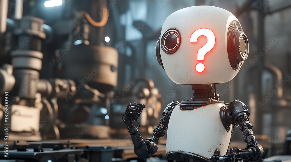 Curious Robot with a Question Mark Illuminated in a Factory Environment ...