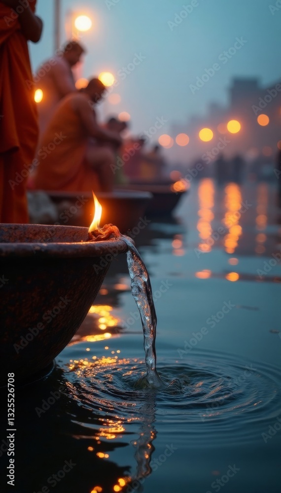 Holy water poured into the Ganges river during evening aarti at ...