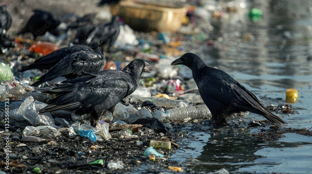 Birds scavenging among plastic waste near a water body, showing the ...