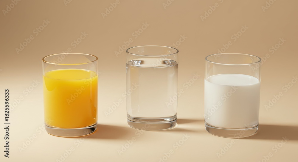 Glass containers, beverages, minimalist setup, studio lighting, neutral ...