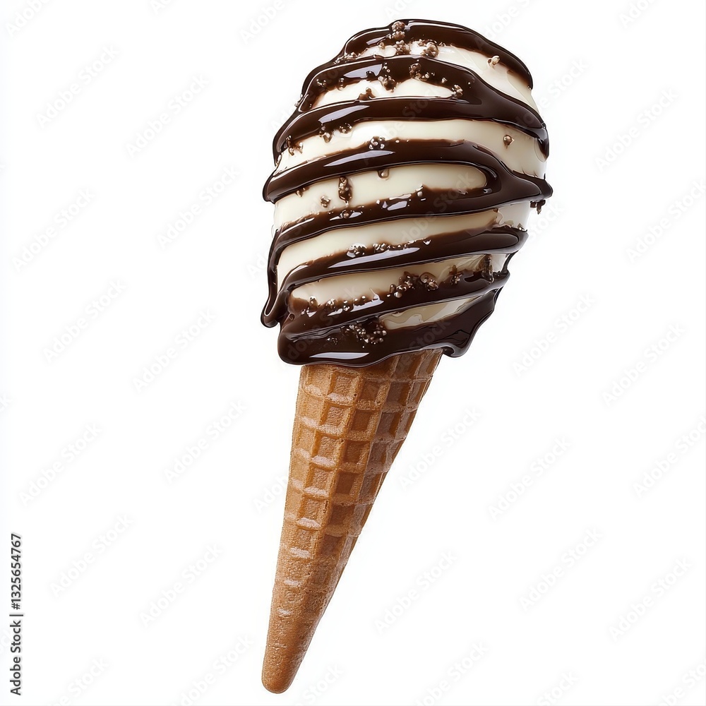 Decadent chocolate covered ice cream cone with vanilla flavor creating ...