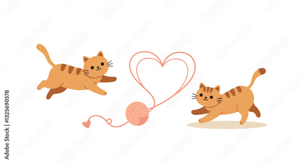 Cats in Love: Two adorable cartoon cats chasing a heart-shaped yarn ...