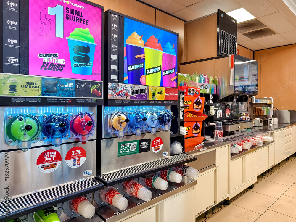 Inside a 7-Eleven convenience store featuring a range of slush and ...