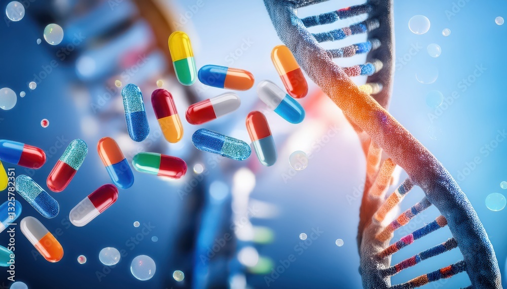 Pharmaceutical capsules and gene Conceptual image showing DNA structure ...