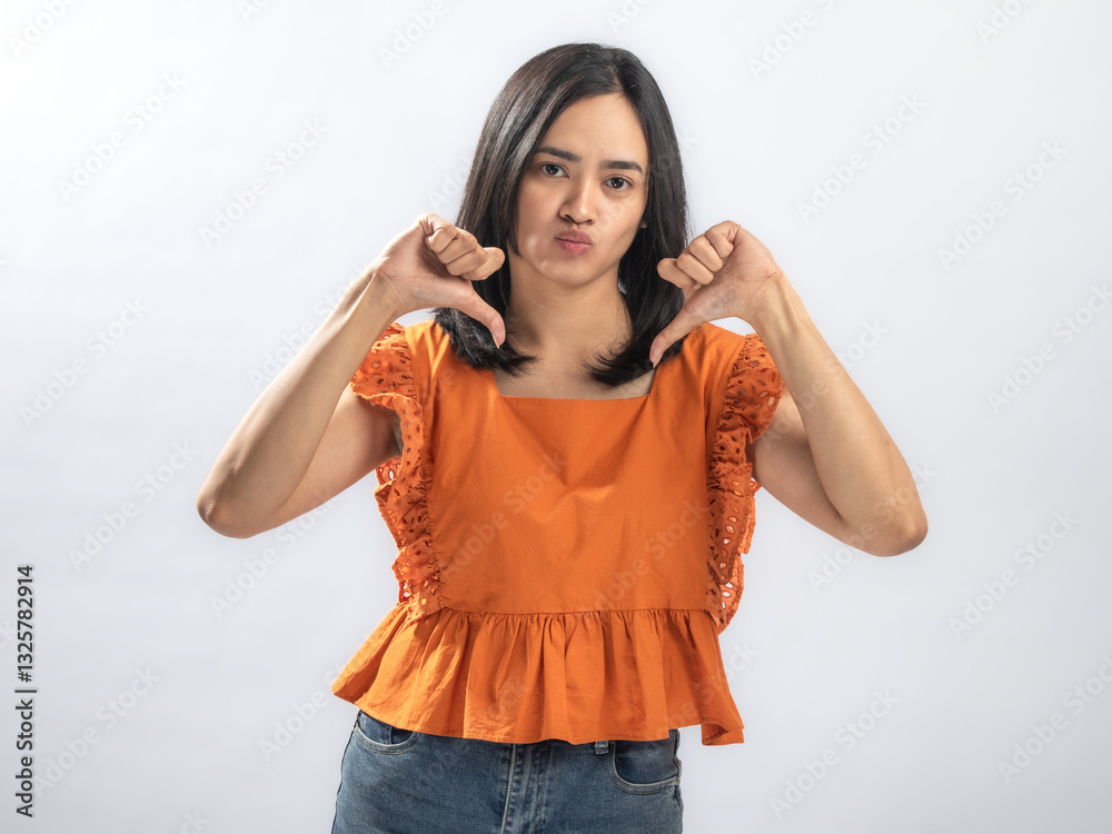 Unhappy Southeast Asian woman with straight black hair in orange ...
