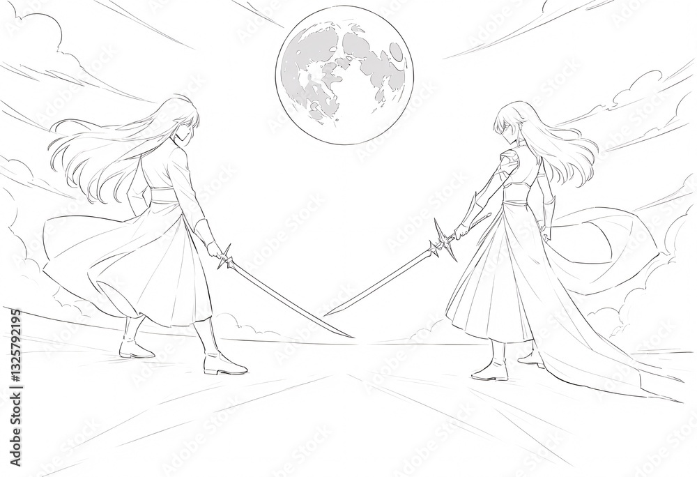 Anime-style sketch of two female figures poised for a duel under a full ...
