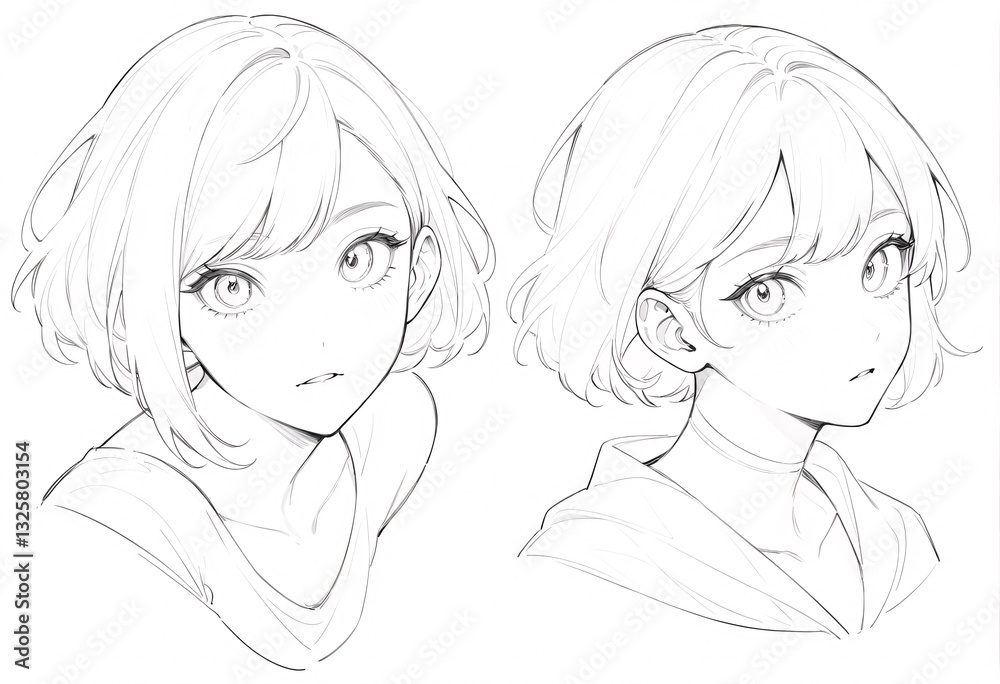 Anime Girl Portrait Sketches in Grayscale. Detailed grayscale pencil ...