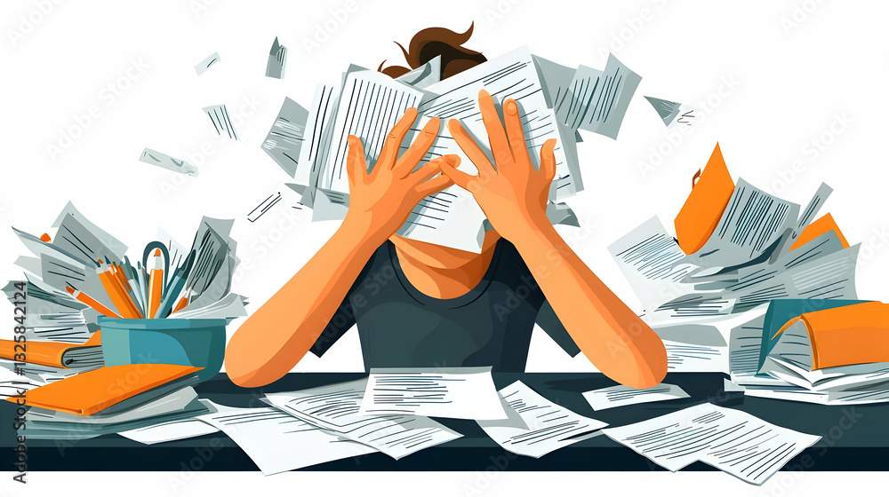 Overwhelmed Person Drowning in a Sea of Papers, Illustrative Vector Art ...