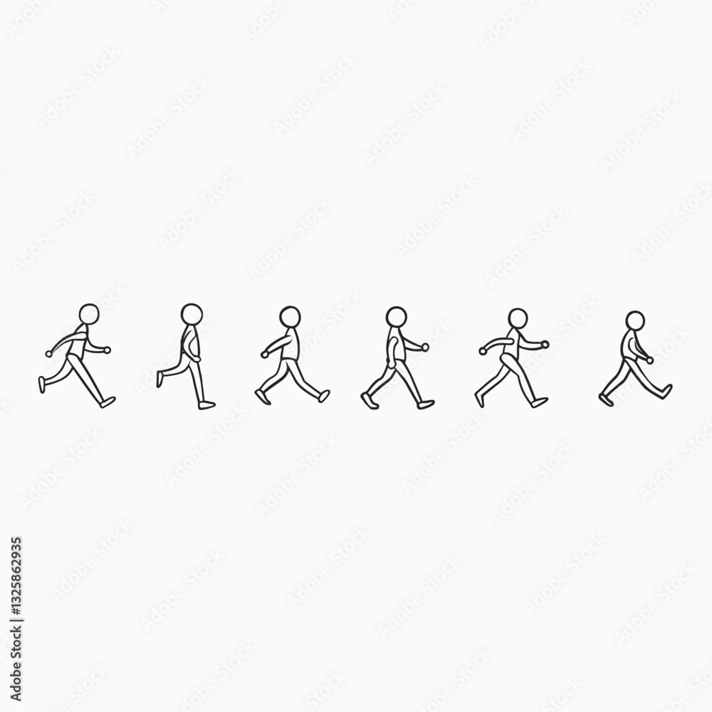 Vector logo walking cycle, stick figure animation, human motion stages ...