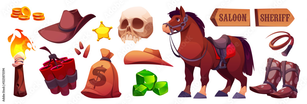 Wild west element set - cowboy hat and sheriff star, skull and horse ...