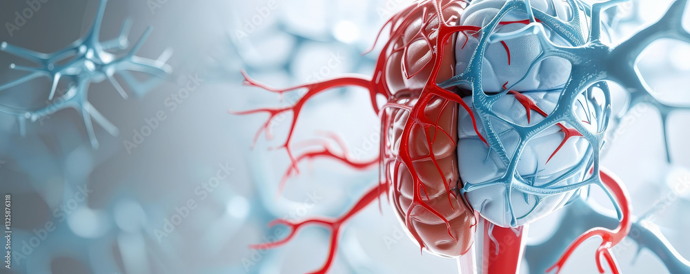 detailed 3D illustration of human brain with network of red and blue ...