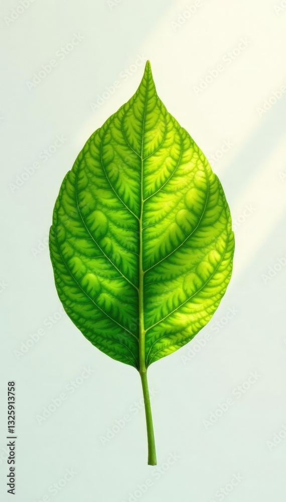 Study of a single leaf isolated on white background with light rays ...