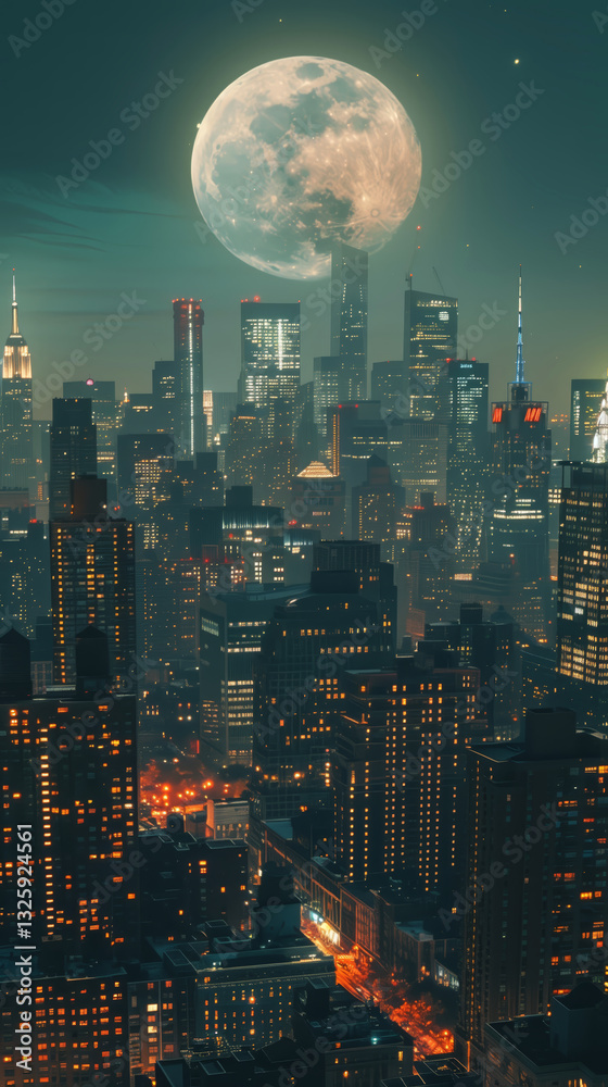 Urban Moon: Cityscape at Night with a Prominent Full Moon - Made with ...