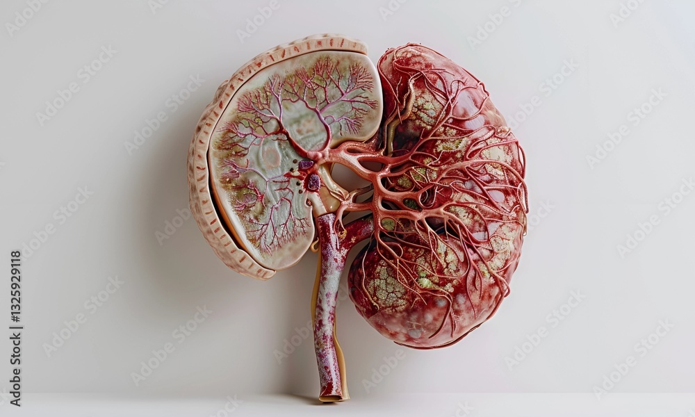 Human Kidney Anatomy: A detailed medical illustration showcasing the intricate internal ...