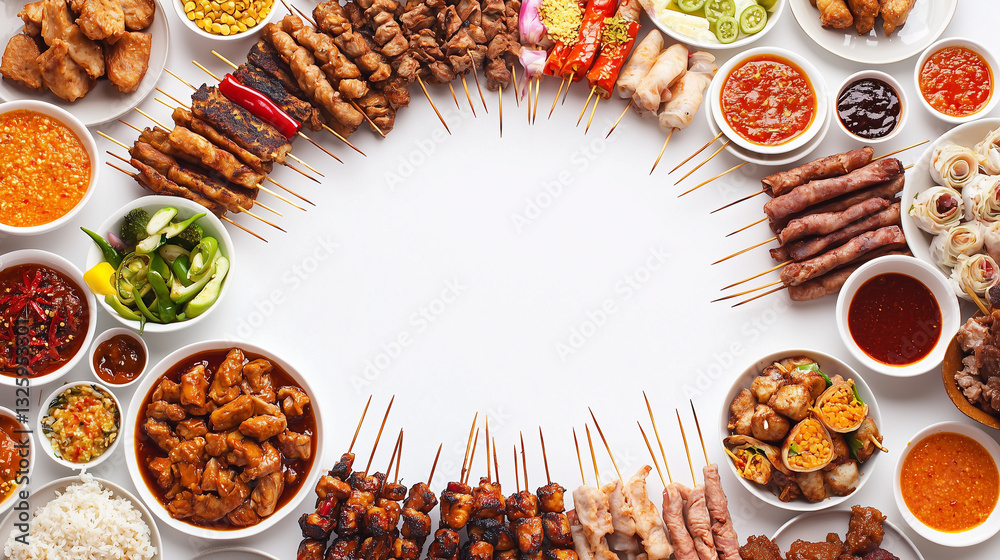 Grilled satay skewers, assorted dipping sauces, and side dishes ...