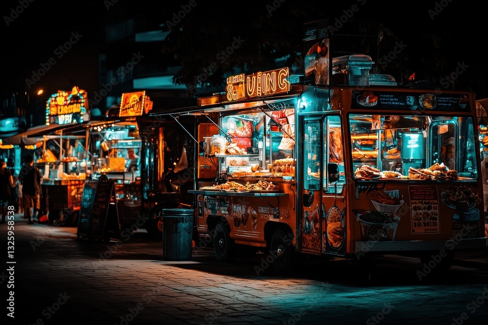 Food trucks at night, showcasing various cuisines under bright neon ...