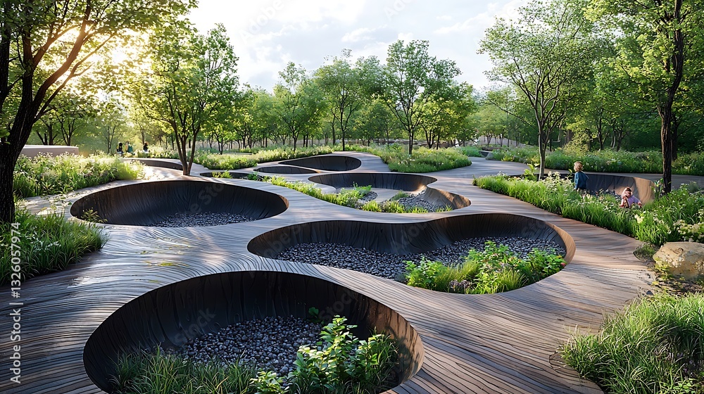 Serpentine Wooden Pathway Landscape Design with Recessed Gardens and ...