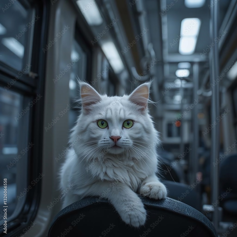 Photo Stock Fluffy white cat Caddy with green eyes in sweater is riding ...